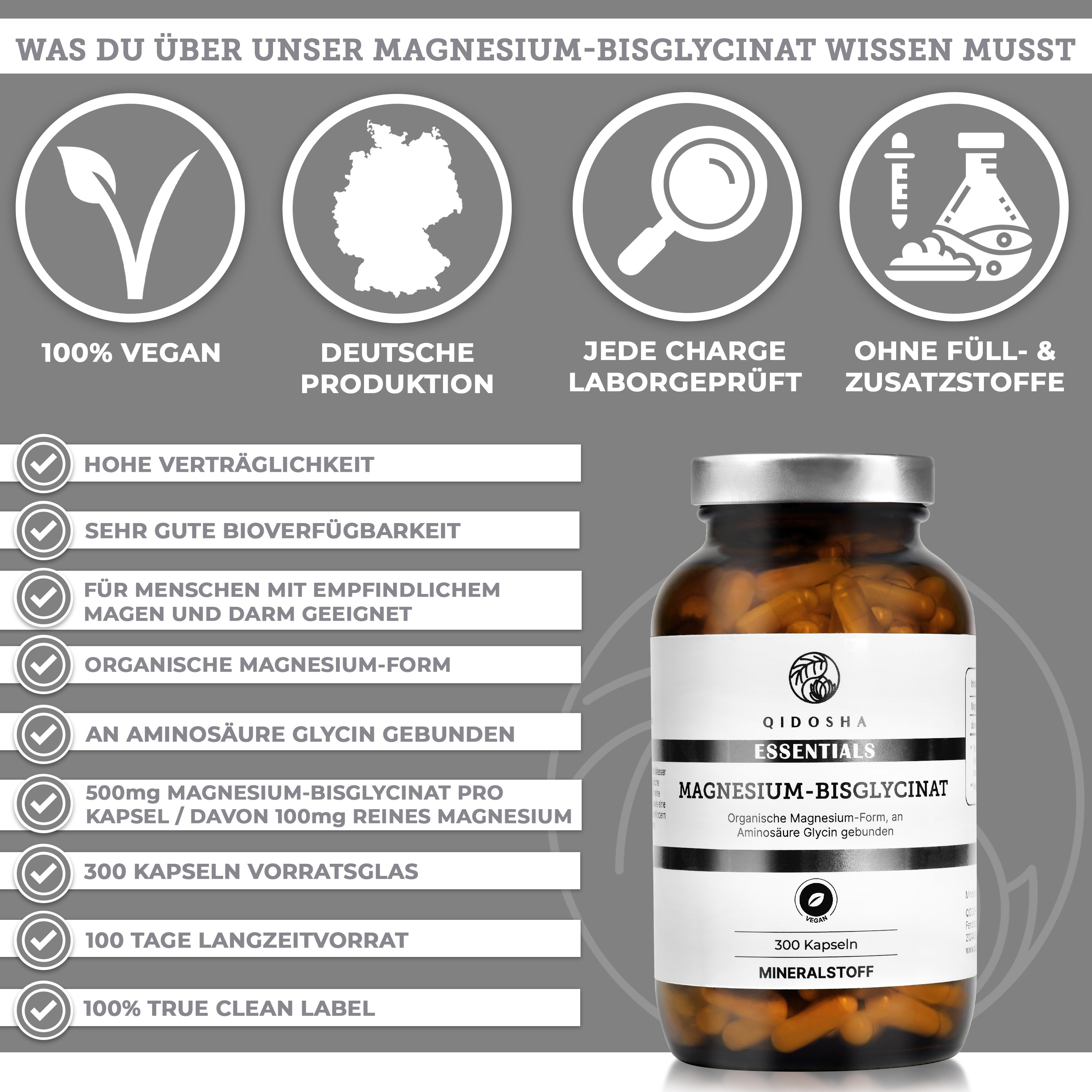 Organisches Magnesium als Magnesium-Bisglycinat in Kapseln kaufen – QIDOSHA